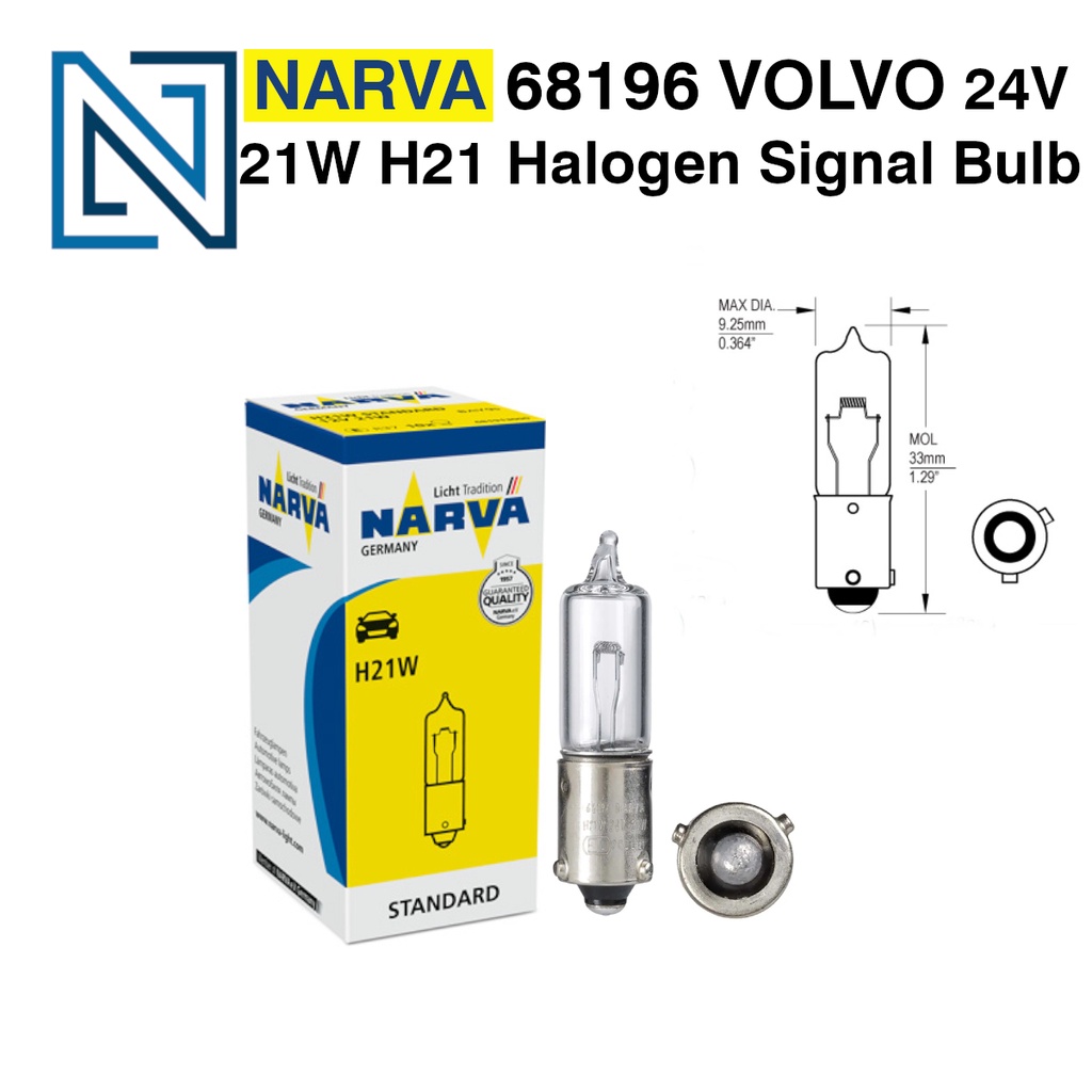 (1 PC) NARVA Germany 68196 H21W 24V Halogen Bulb Bay9s Volvo Signal ...