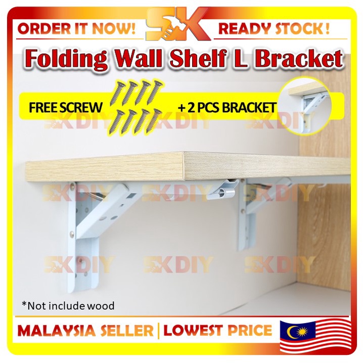 🇲🇾Folding Wall Shelf L Bracket with Spring Wall Mount Rack Support Iron ...