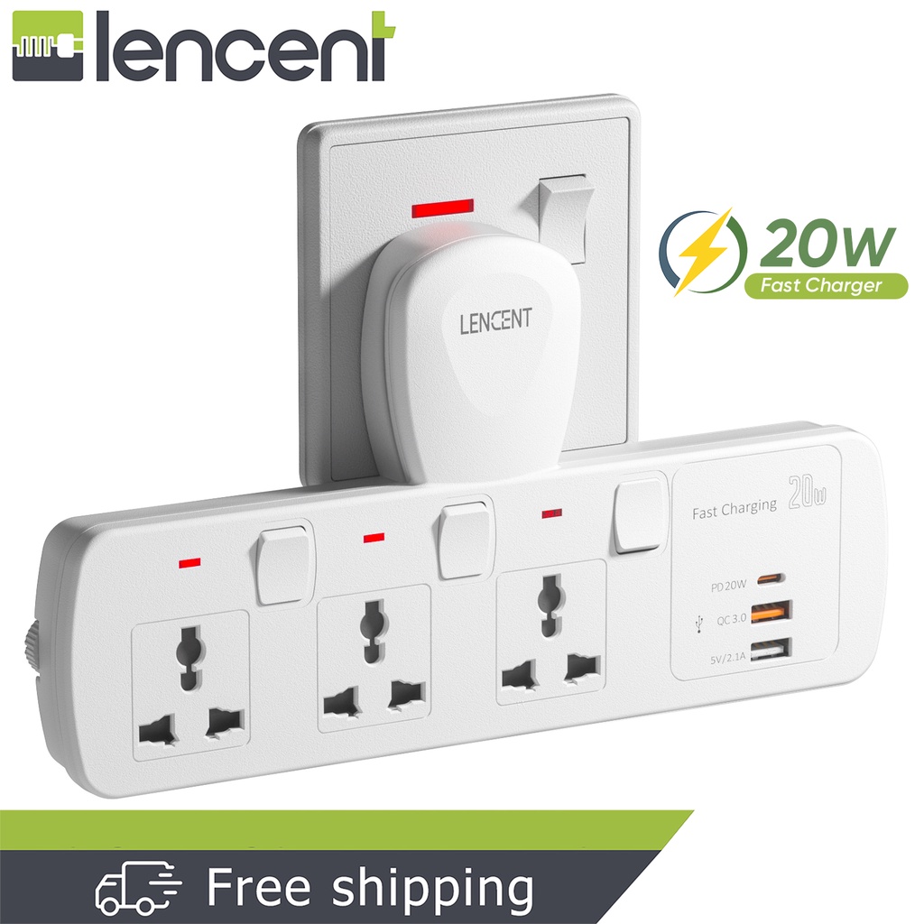 Lencent 6 in 1 Extension Plug PD 20W Fast Charging QC3.0 Quick Charge ...
