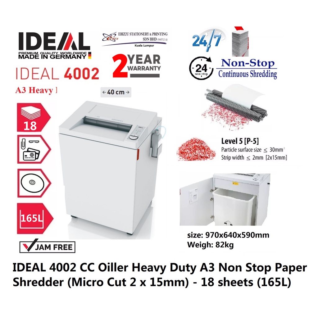 IDEAL 4002 CC 2 x 15mm Oiller Heavy Duty A3 Non Stop Paper Shredder (Micro Cut ) - 18 sheets ...
