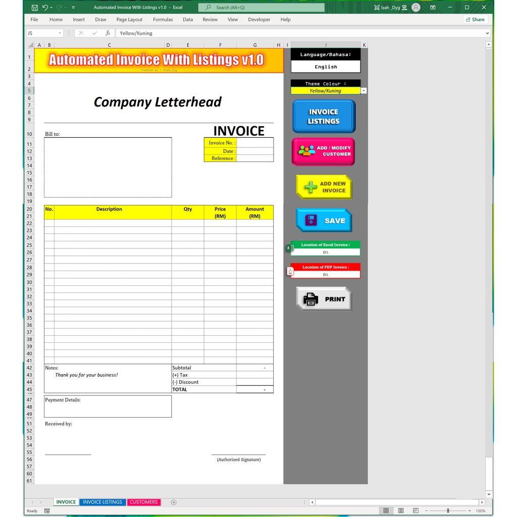Automated Invoice with Listings v1.0 Invoice Template Invois dengan rekod senarai listing record ...