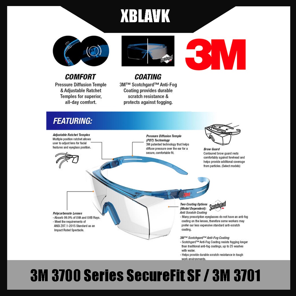 3M 3700 Series SecureFit SF/3M 3701 ASGAF-BLUE/SF3707SGAF-BLU3M Safety ...