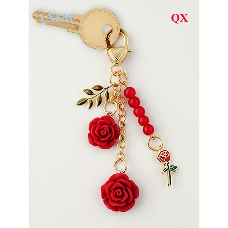 QX Cute Enamel Keychain Red Rose And Black Rose Flower Key Ring ...