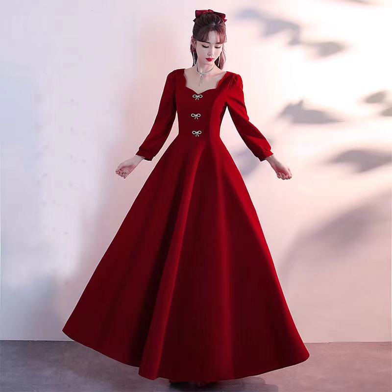 Elegant Wine Red Wedding Bride Toast Dress Long Sleeve Bow Neck ...