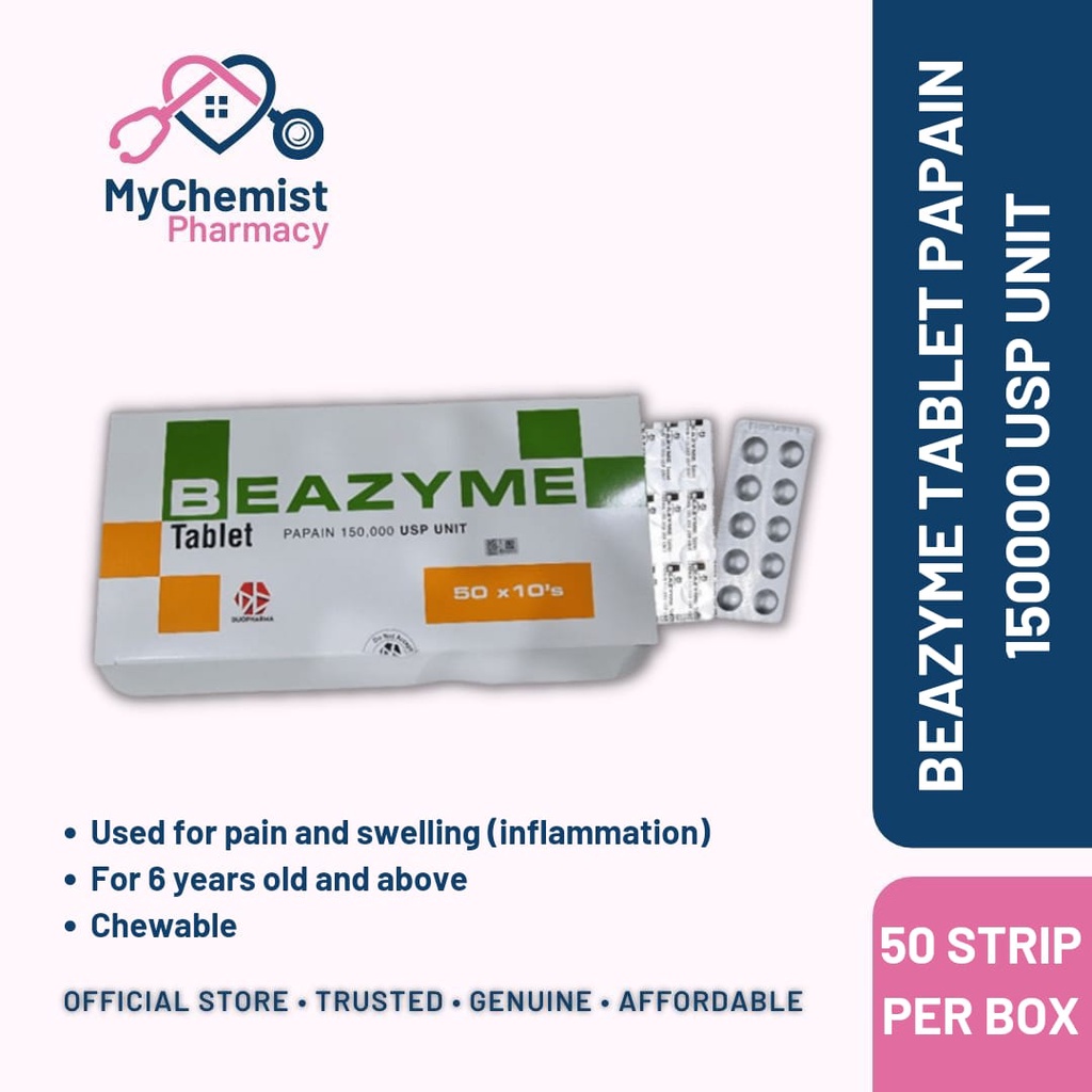 Beazyme Papain 150000 USP Unit Tablet 50's (Box of 50 Strips) | Shopee ...