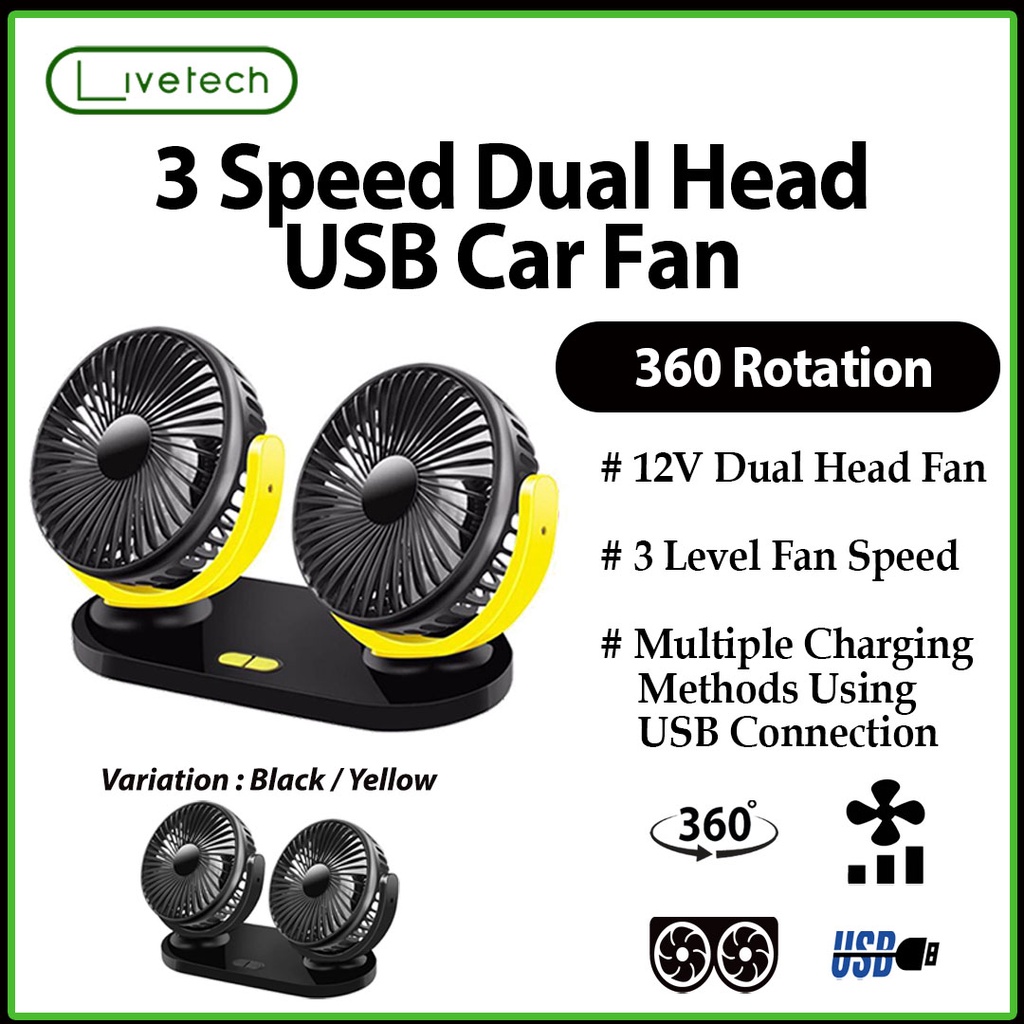 LiveTech Car Fan Truck Fan Air Conditioning 3 Speed USB Fan Dual Head ...