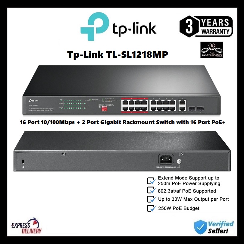 Tp-Link TL-SL1218MP 16 Port 10/100Mbps + 2 Port Gigabit Rackmount ...