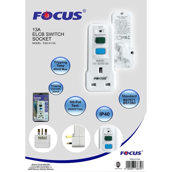 [100% ORIGINAL] FOCUS 13A SAFETY RCD (ELCB) SWITCH SOCKET PLUG TOP ...