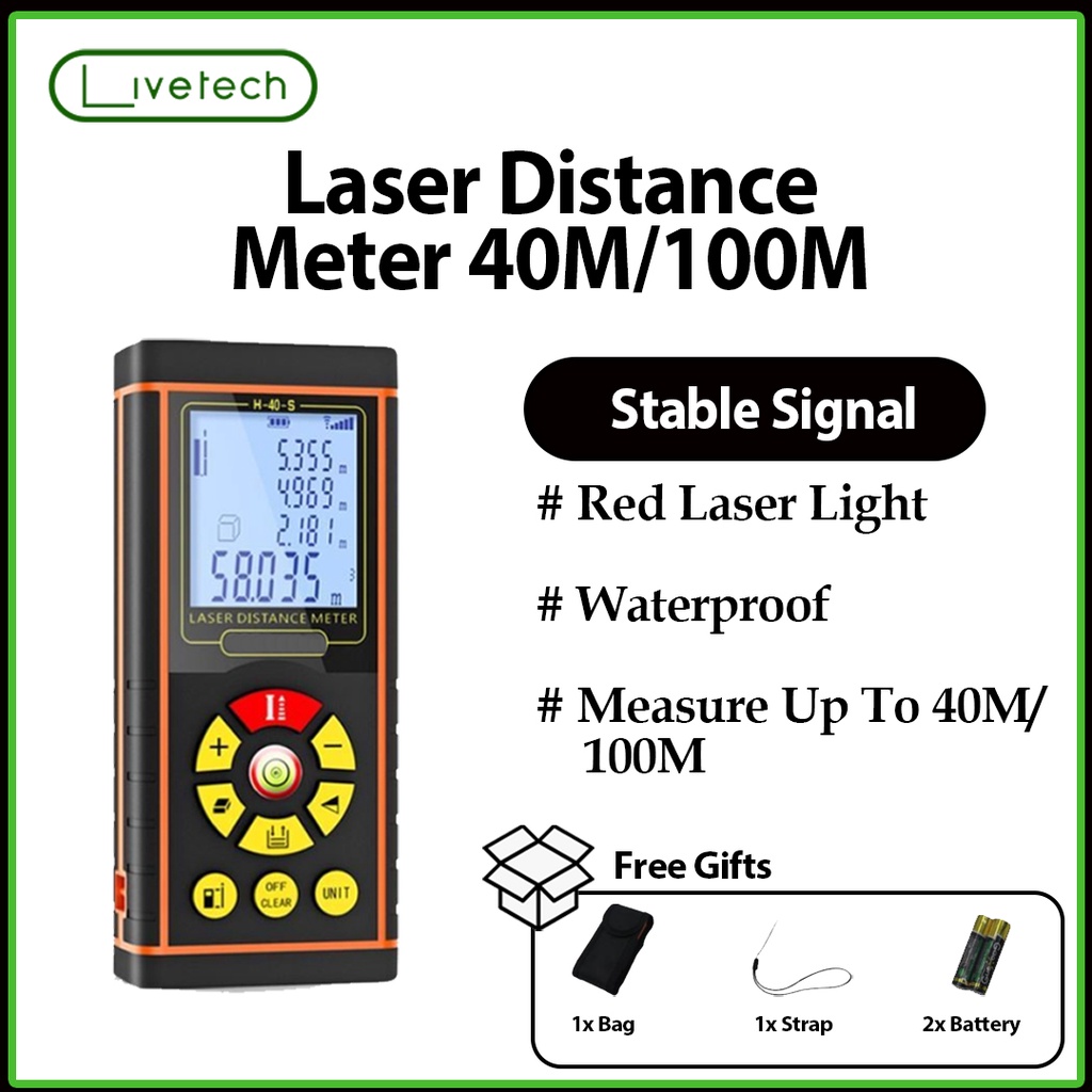 LiveTech Portable 40M or 100M Laser Meter IP54 LCD Rangefinder Handheld ...