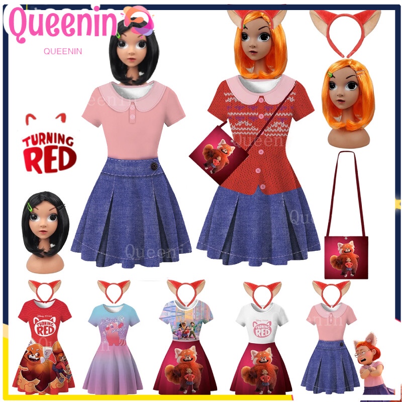 Turning Red Kids Girl Dress Cosplay Costume Hair Pin Wig Cartoon ...