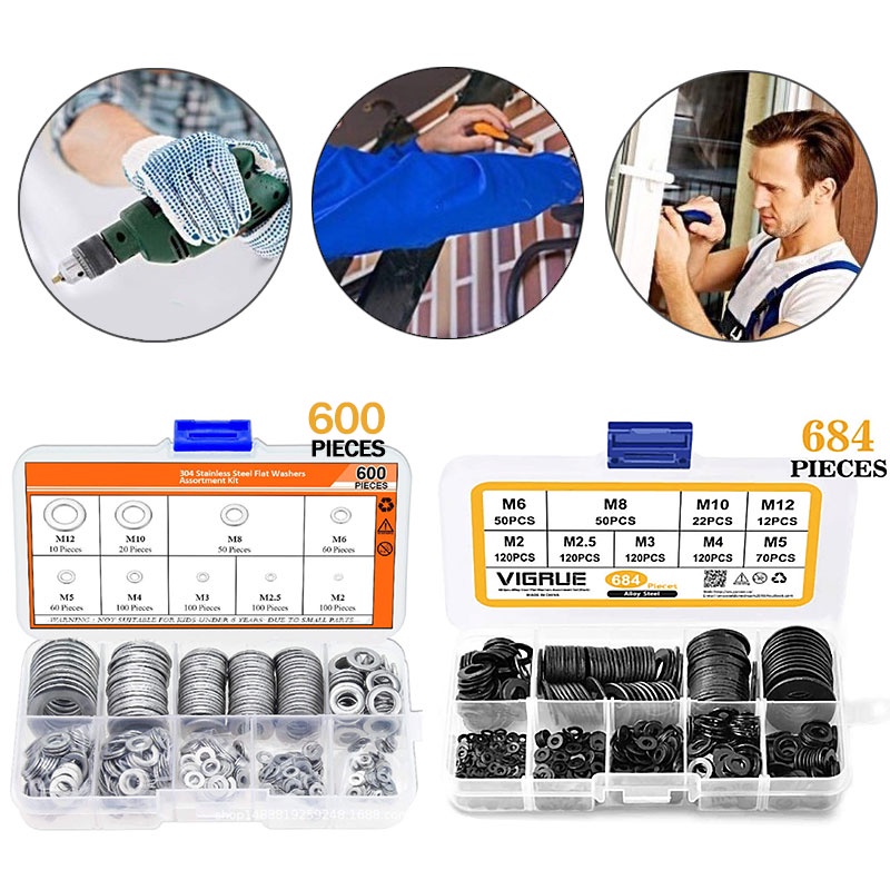 684Pcs Stainless Steel Flat Washer Sealing Ring Washer Combination Washer M2 M2.5 M3 M4 M5 M6 M8 ...