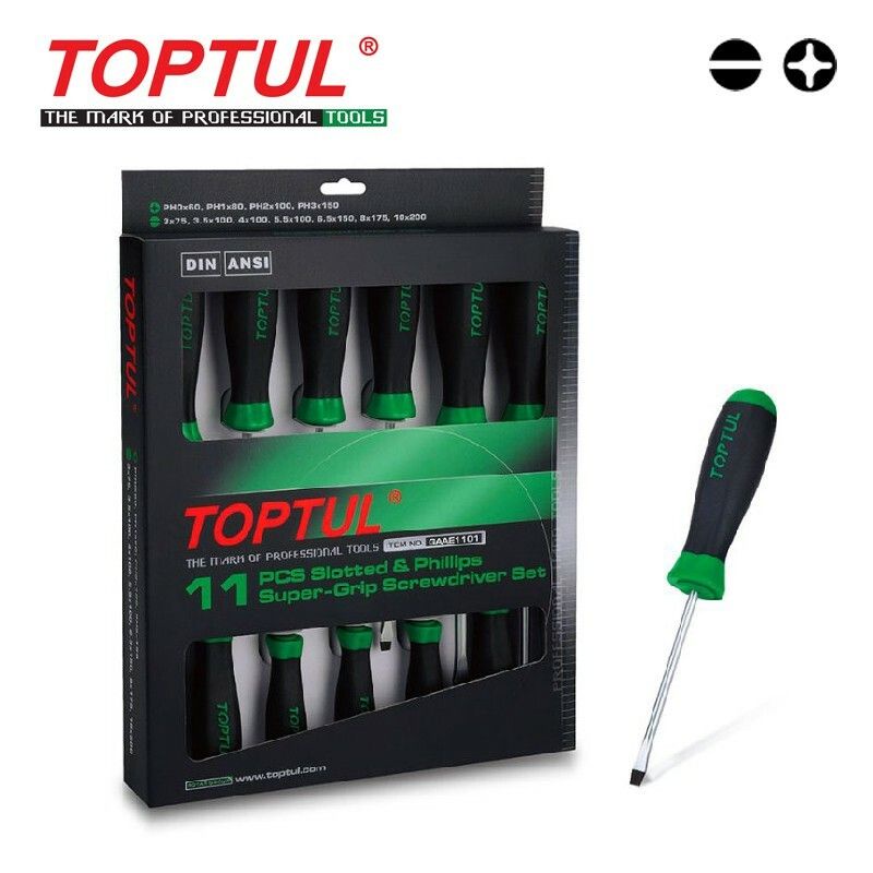 TOPTUL 11pcs Slotted & Phillips Super-Grip Screwdriver Set GAAE1101 ...