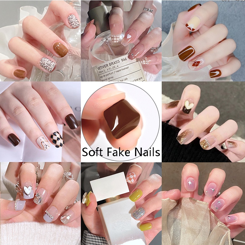 30 Pcs Soft Fake Nails with Jelly Glue Set Autumn Winter Bendable ...