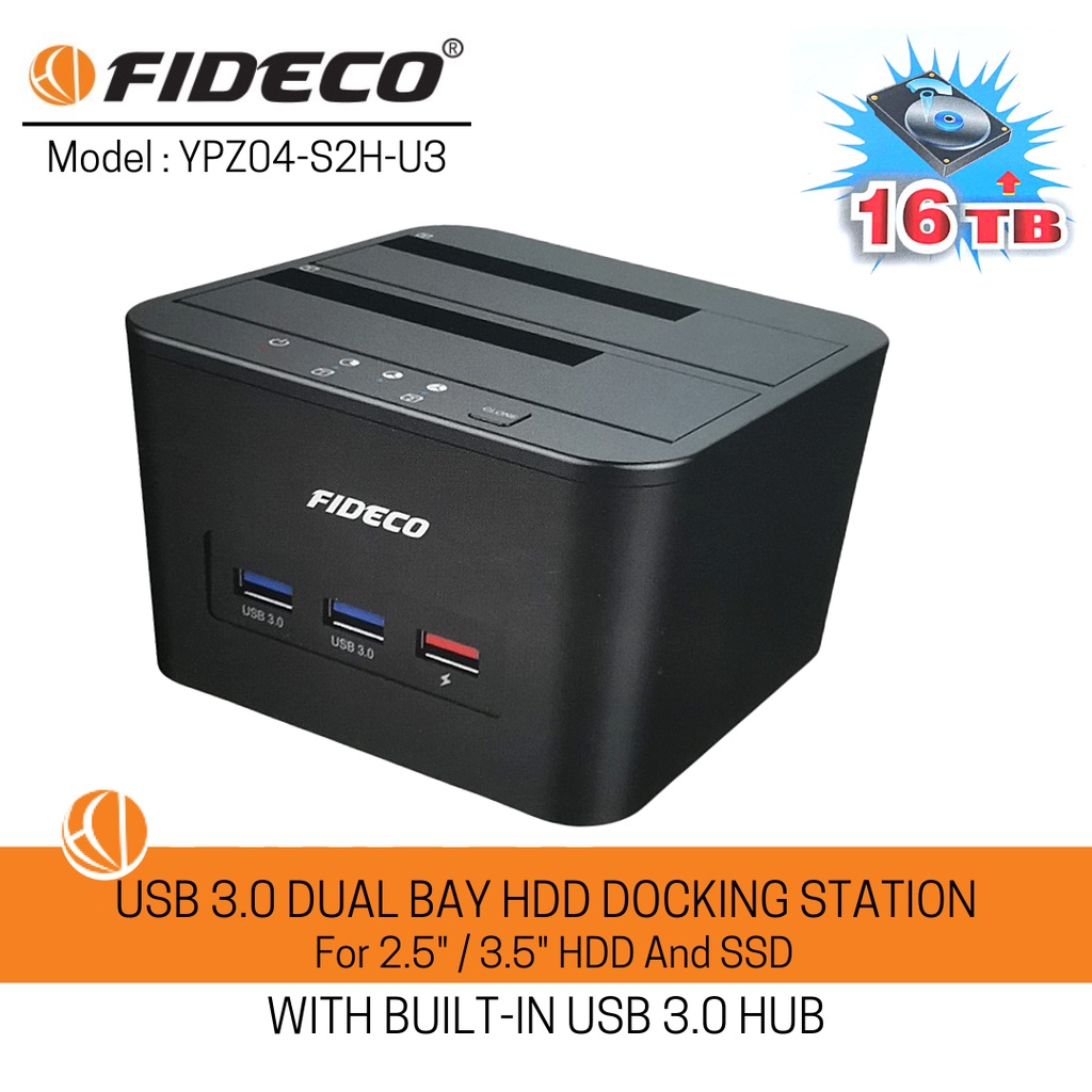 FIDECO YPZ04-S2H-U3 USB 3.0 Dual Bay HDD SSD Docking Station With Built-In USB 3.0 hub | Shopee ...
