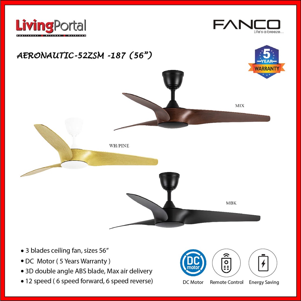 FANCO CEILING FAN - AERONAUTIC 52ZSM-187 -3 BLADES-DC MOTOR- 30"-MBK/WH ...