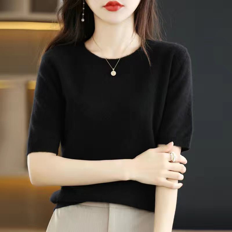 Round Neck Short Sleeved Women Loose Short Knit Thin Sweater | Shopee ...