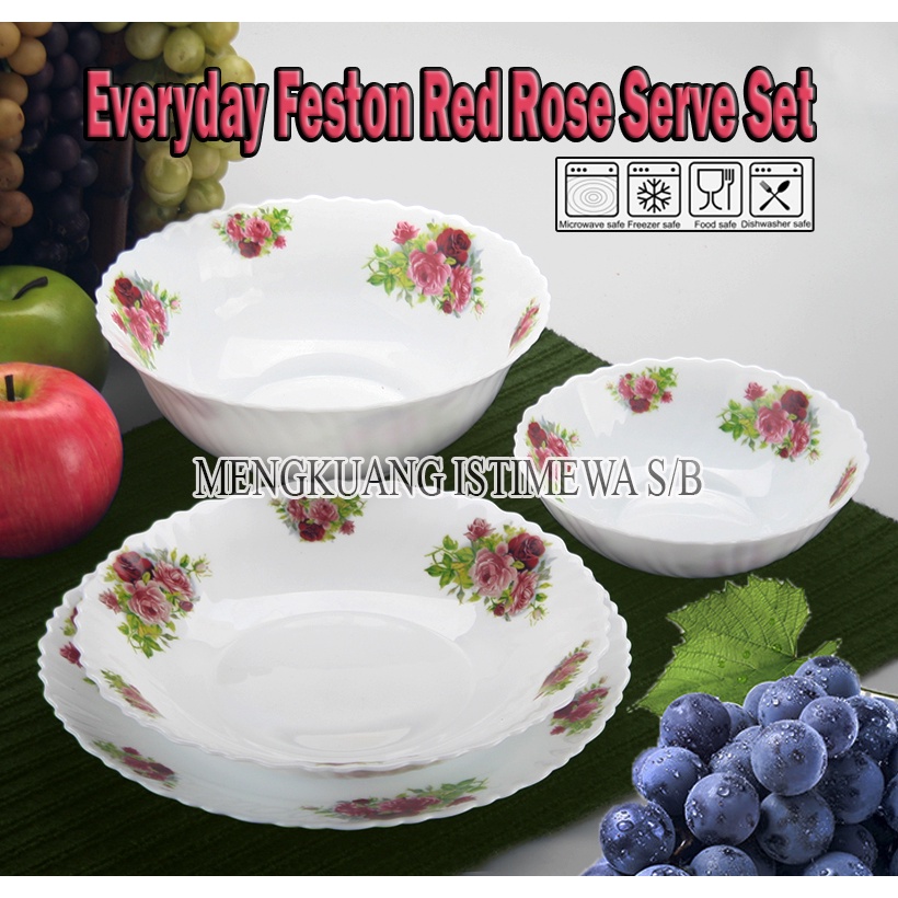 6 PC PREMIUM FESTON OPAL GLASS RED ROSE PLATE/BOWL /PINGGAN MANGKUK SET ...