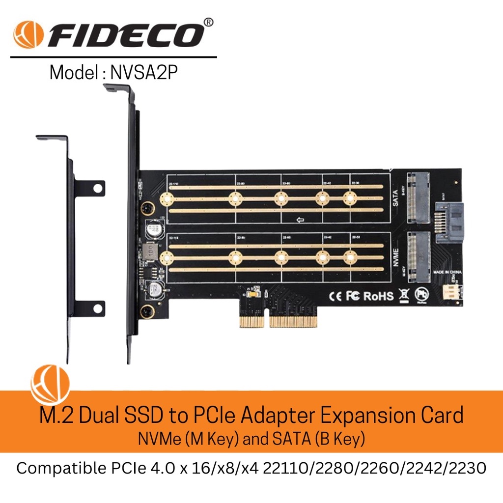 FIDECO NVSA2P M.2 Dual SSD to PCIe Adapter Expansion Card NVMe (M Key ...