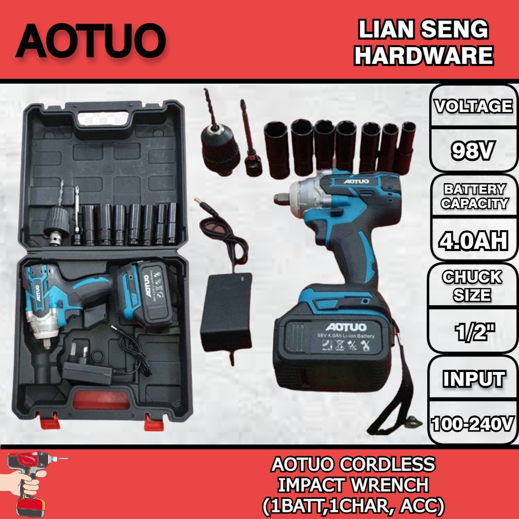 AOTUO 98V CORDLESS IMPACT WRENCH (1BATT,1CHAR, ACC) | Shopee Malaysia