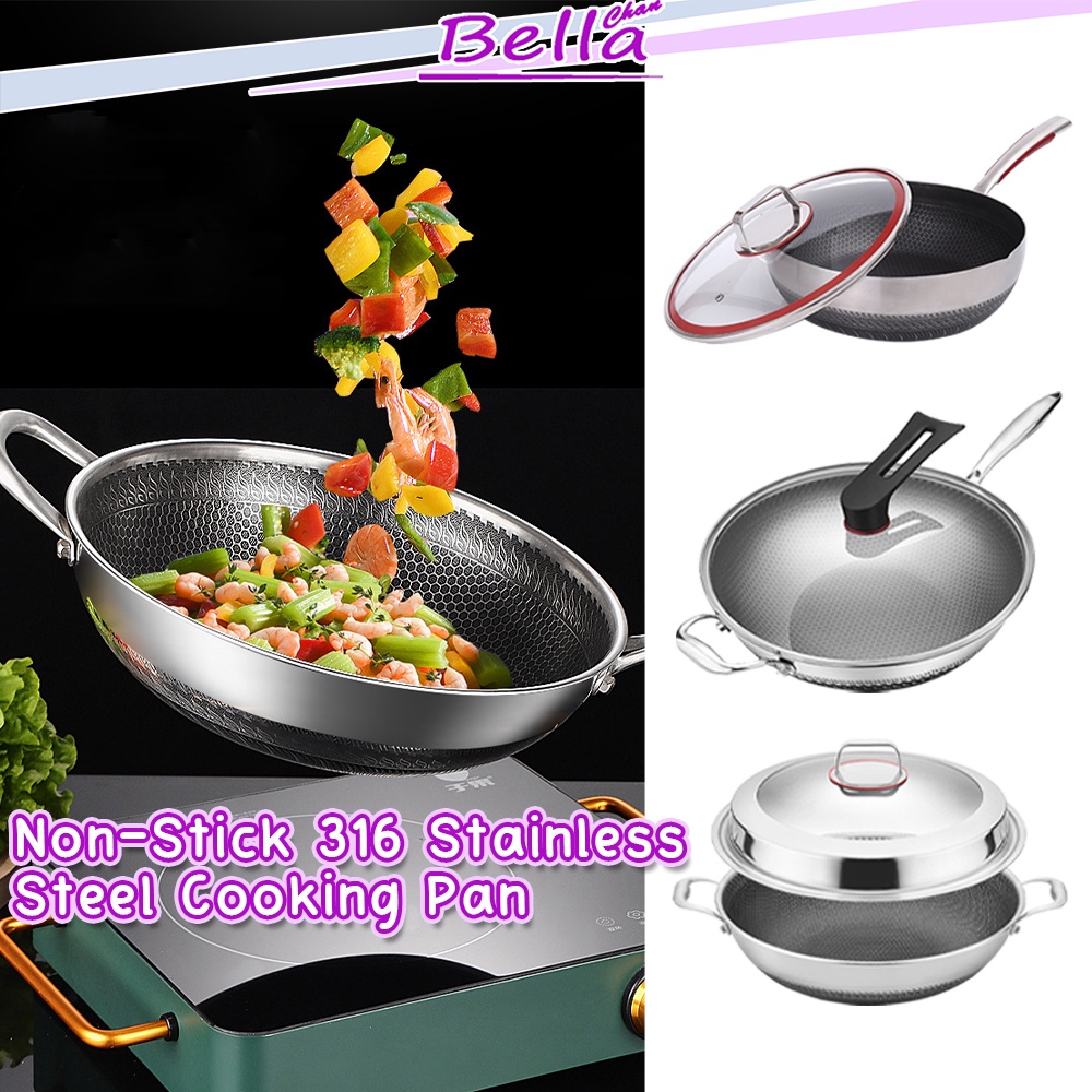 COOKING PAN with Lid Non-stick Wok 316 Stainless Steel Kuali Honey Comb ...