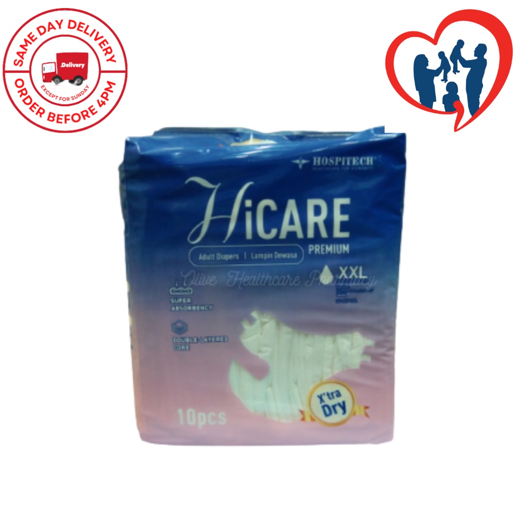 HICARE PLUS TAPE ADULT DIAPERS LAMPIN DEWASA -10PCS PER BAG (UNISEX) SIZE M/ L/ XL BY HOSPITECH ...