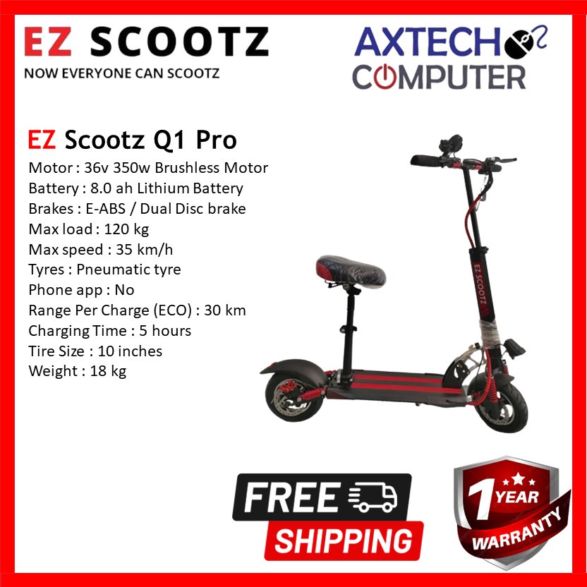 EZ Scootz Q1 Pro Electric Scooter 36v 350w Brushless Motor 8.0 Ah ...