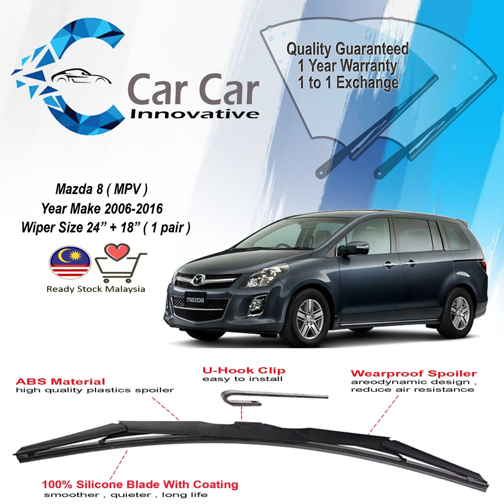 Mazda 8 MPV Wiper ,Silicone Car Wiper Blades, Car Windshield, Year 2006-2016 ( 1 pair -Size 24 / ...