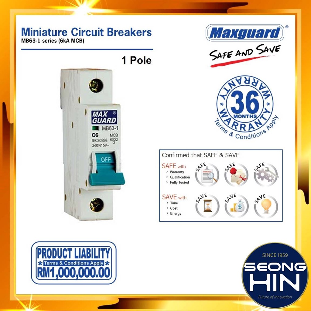 Maxguard GENUINE 1 Pole 6kA Miniature Circuit Breakers (MCB) MCB 6A 10A 16A 20A 32A 40A / 6Amp ...