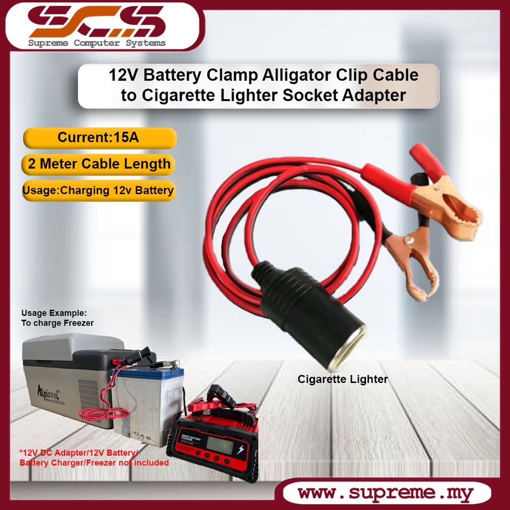 12V Battery Clamp Alligator Clip Cable to Cigarette Lighter Socket ...