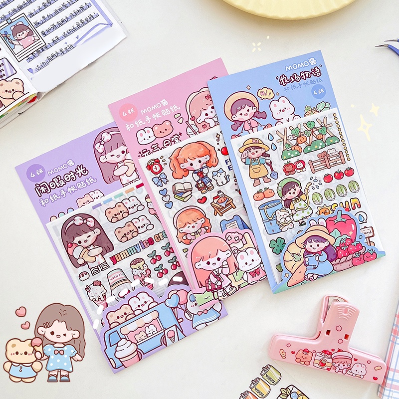 4 Sheets Kawaii Cartoon Girl Stickers Student Diary Deco DIY Material ...