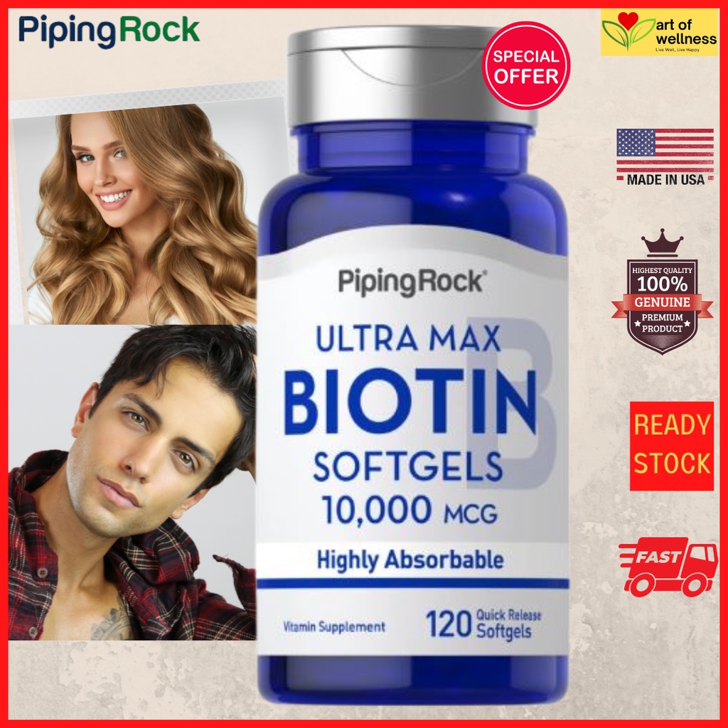 Piping Rock BIOTIN, 10,000 mcg, 120 Softgels (Beautiful Hair, Glowing ...
