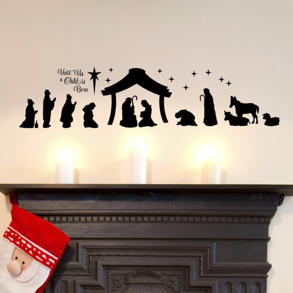 Nativity Scene Christmas Wall Stickers Unto Us a Child Is Born Nativity Vinyl Wall Decal Jesus ...
