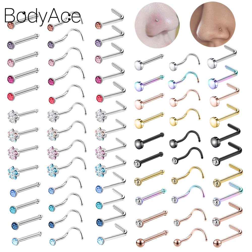 Bodyace 6 PCS Multicolor Stainless Steel Shining Crystal Nose Studs ...
