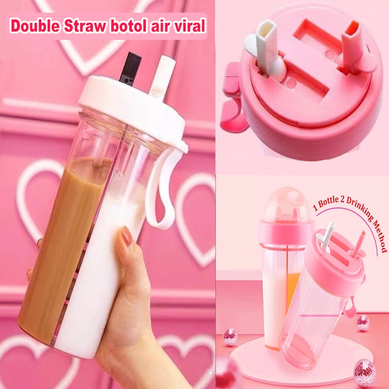 600ml Portable Dual Straw botol air viral Separate Drink Water Beverage ...