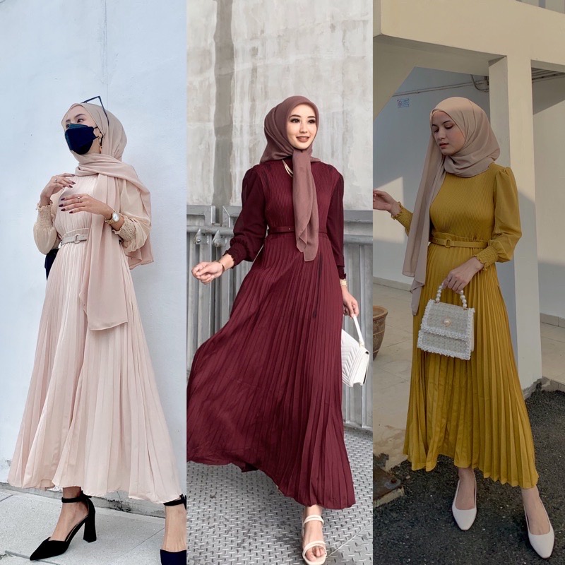 Korean Style Women Ladies Puff Long Sleeve Chiffon Pleated Maxi Dress ...