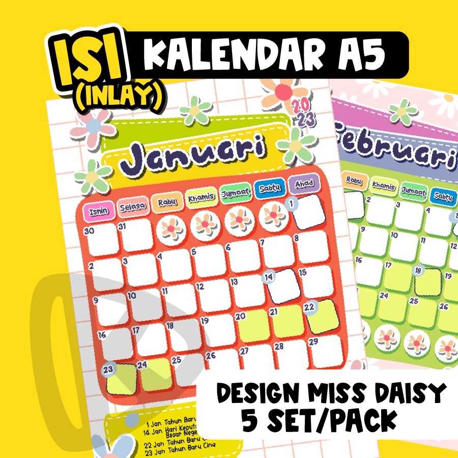 ISI KALENDAR | Size A5 | 5 SET Kalendar/Pack [2023] Design MISS DAISY ...