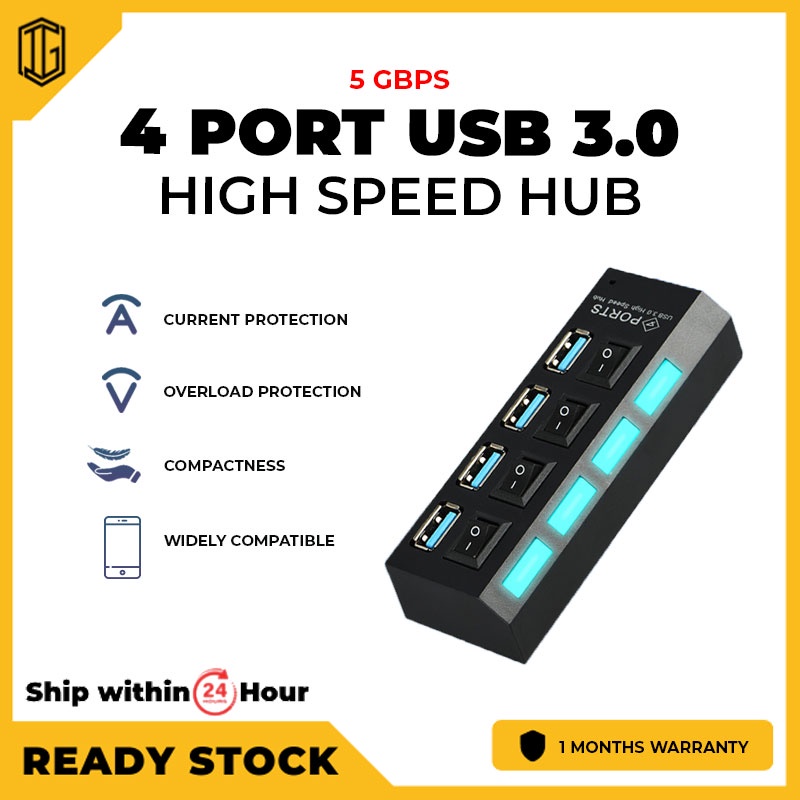4 Port USB 3.0 High Speed Hub 5Gbps Current Protection Overload ...