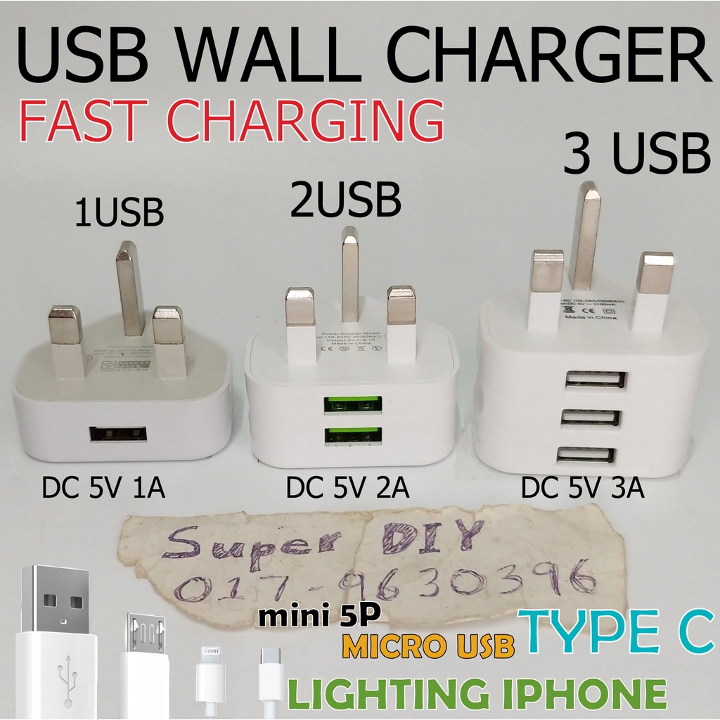USB Charger 5V 1A 2A 3A 3 port Fast charging Phone Tablet Universal adapter Travel Wall UK Plug ...