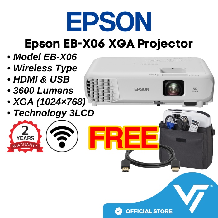 Epson EB-X06 Wireless 3LCD Projector (XGA 1024 x 768, 3,600 Lumens, 2Y ...