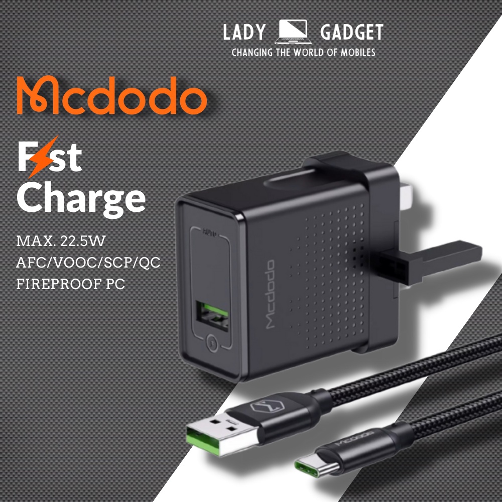 MCDODO CH-5730 VOOC Type-C Compatible Quick Fast Charge (22.5W / 5A) Travel Set Charger Adapter ...