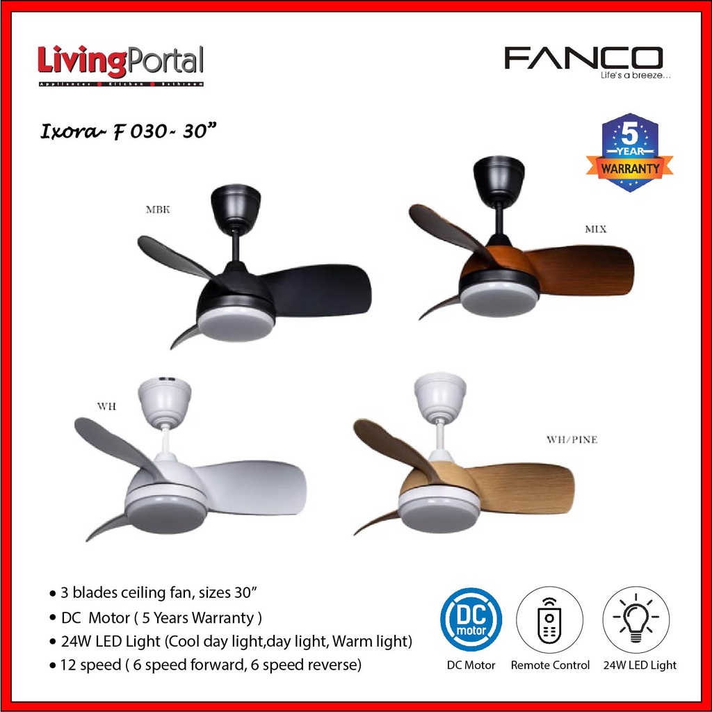 FANCO CEILING FAN - IXORA F030 -3 BLADES-DC MOTOR- 30"-MBK/WH PINE/WH/MIX (BABY FAN) | Shopee ...