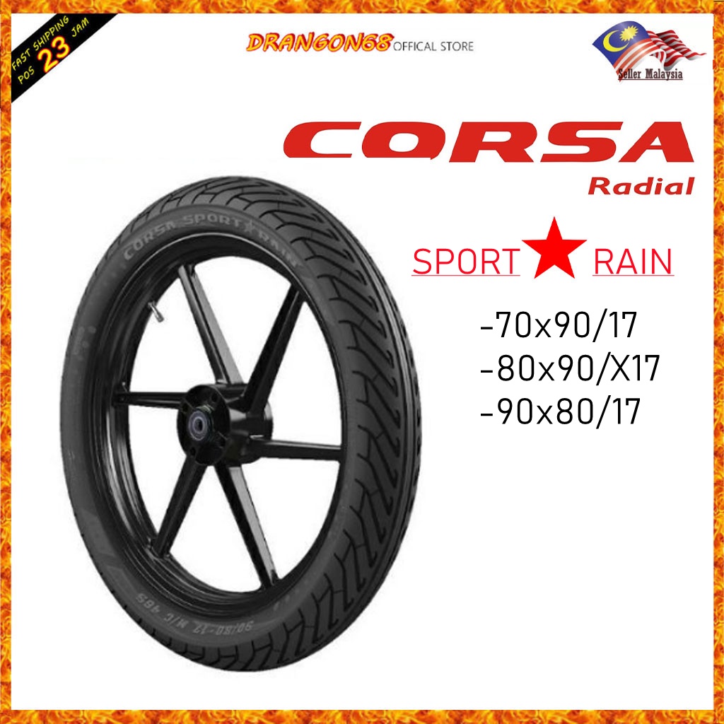 CORSA SPORT RAIN TAYAR TYRE 70-90-17/80/90/17 CORSA SPORT RAIN TAYAR TYRE NEW STOCK 2023 ...