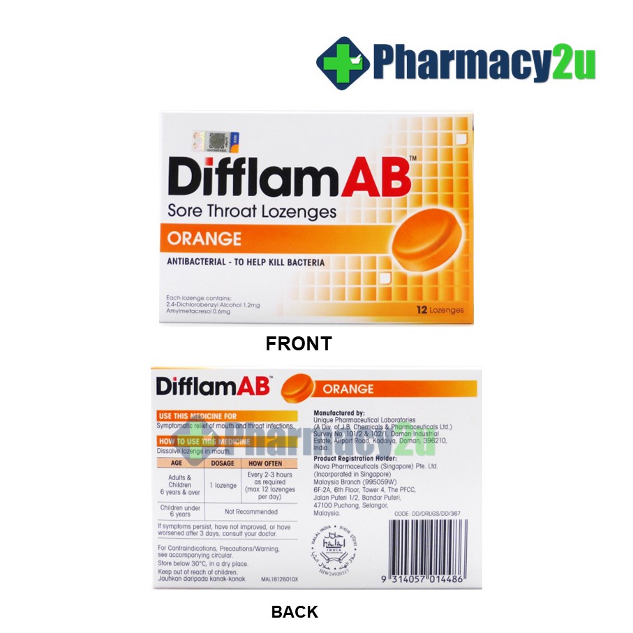 DIFFLAM AB SORE THROAT LOZENGES (BLACKCURRANT /LEMON ) (6S SACHETS/ 12S ...