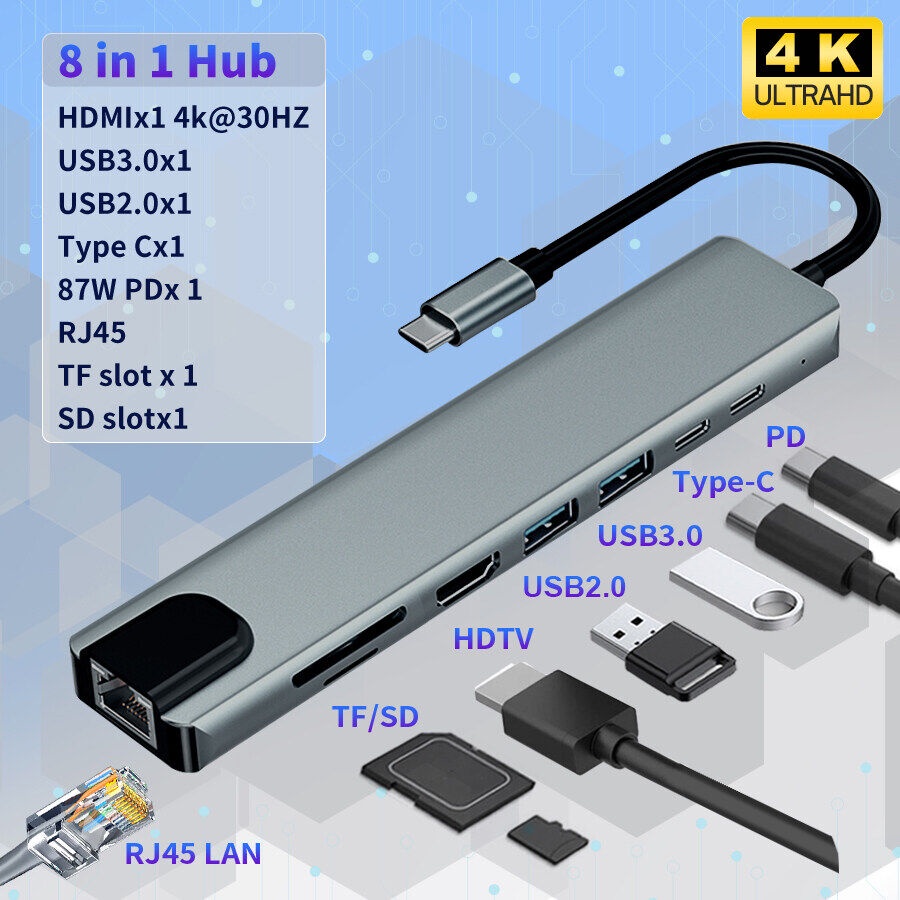 8in1 USB Adapter HUB Type-C High Speed 8 Ports Hubs 3.0 HUB & Card ...