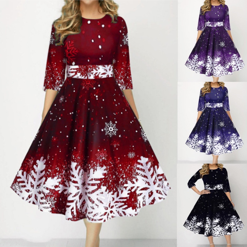 Christmas Dress New Fashion Vintage Christmas Snowflake Print Mid ...
