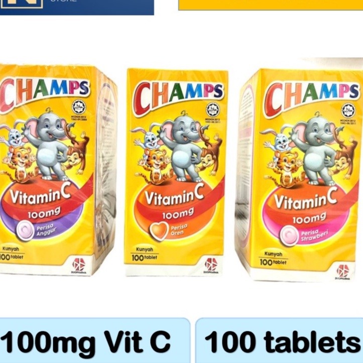 EXP 2026 CHAMPS VIT C 100mg (100 tabs) Orange/Strawberry/Blackcurrant ...