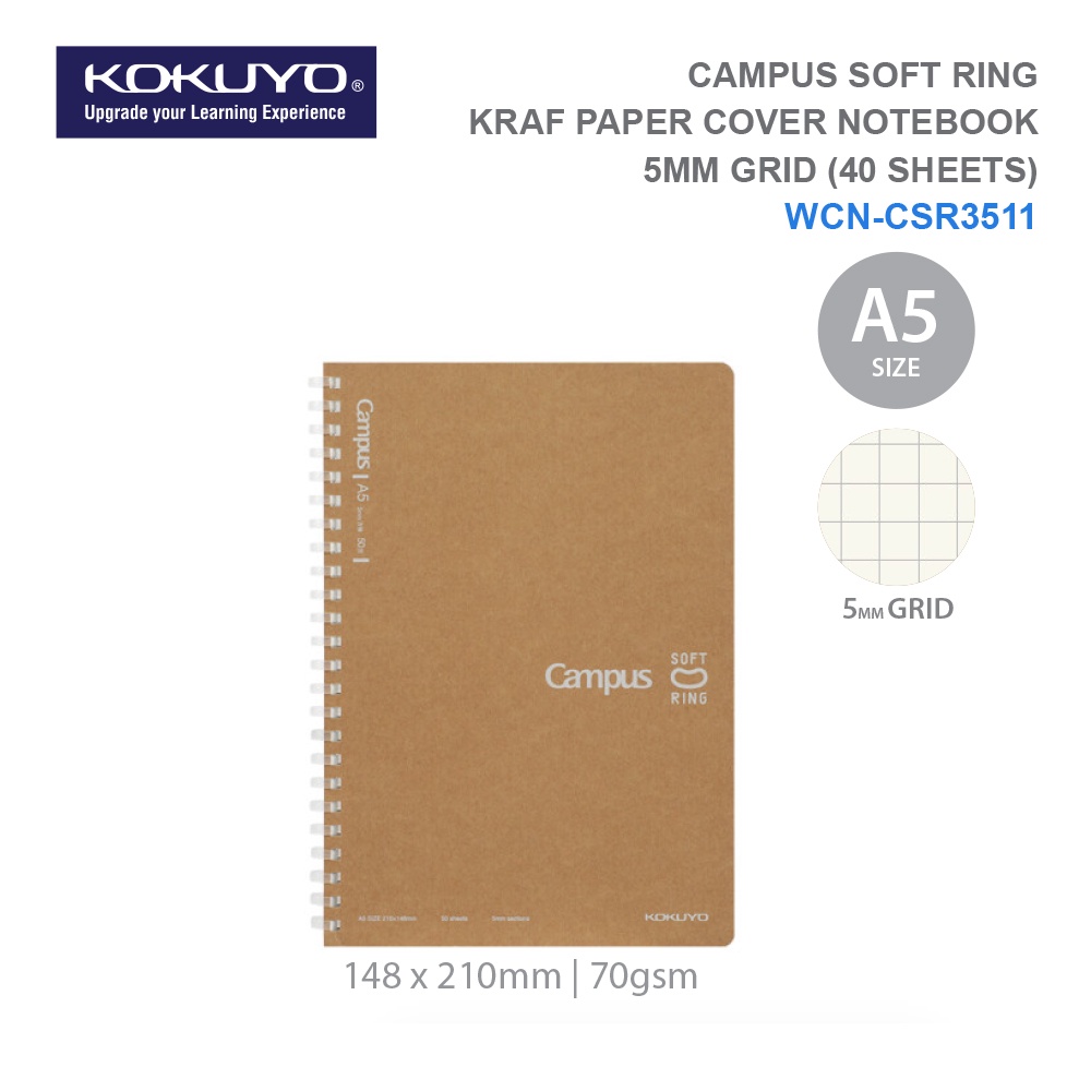 KOKUYO CAMPUS Soft Ring Kraft Cover Notebook A5 | 50 Sheets | 5mm Grid | 8mm Line | Shopee Malaysia