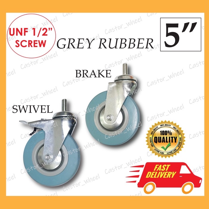 5" (125MM) HEAVY DUTY GREY RUBBER SCREW STEM (UNF) CASTOR/CASTER ...