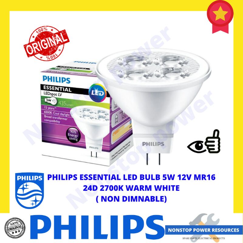 Philips Essential LED Spot MR16 5W 12V 24D Non Dimmable Bulb (6500k Cool Daylight 2700k Warm ...