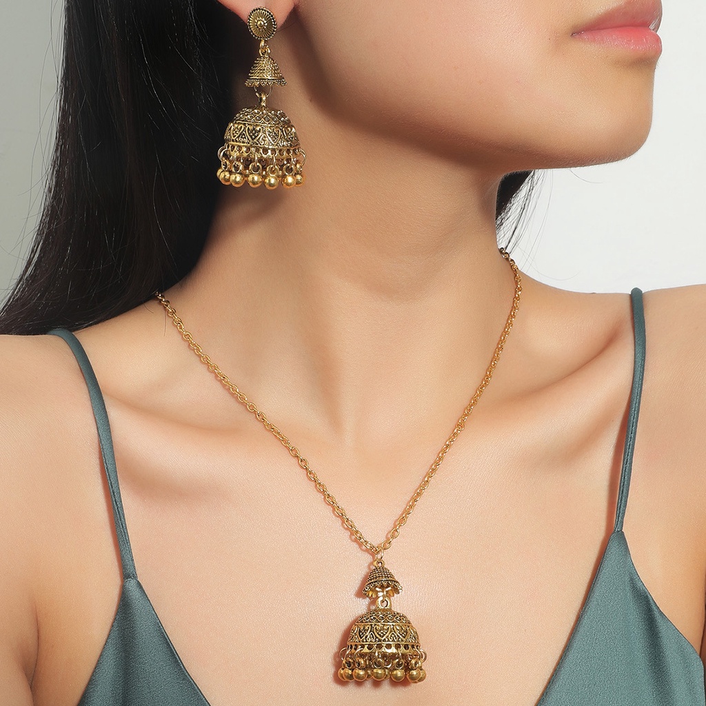 Vintage Gypsy Wedding Jewelry Set For Women Gold Color Carved Bells ...